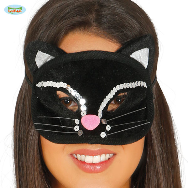 Schwarze Katzen-Maske / Halbmaske mit silberfarbenen Pailetten